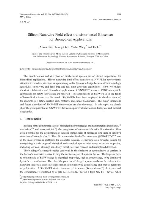Pdf Silicon Nanowire Field Effect Transistor Based Biosensor For Biomedical Applications