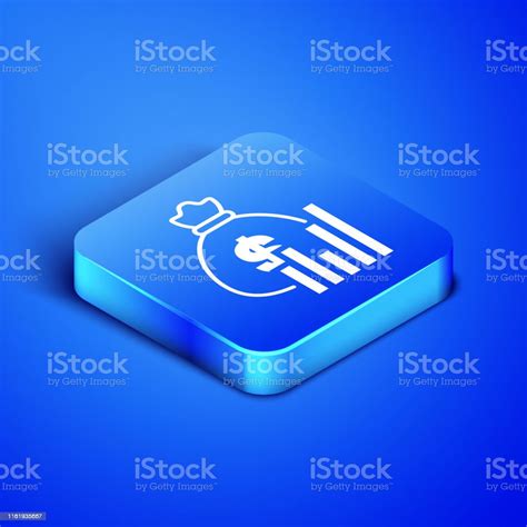 아이소메트릭 머니 백 및 다이어그램 그래프 아이콘이 파란색 배경에 격리되어 있습니다 재무 분석 예산 계획 재무 관리원 파란색 사각형 버튼입니다 벡터 일러스트레이션 가방에