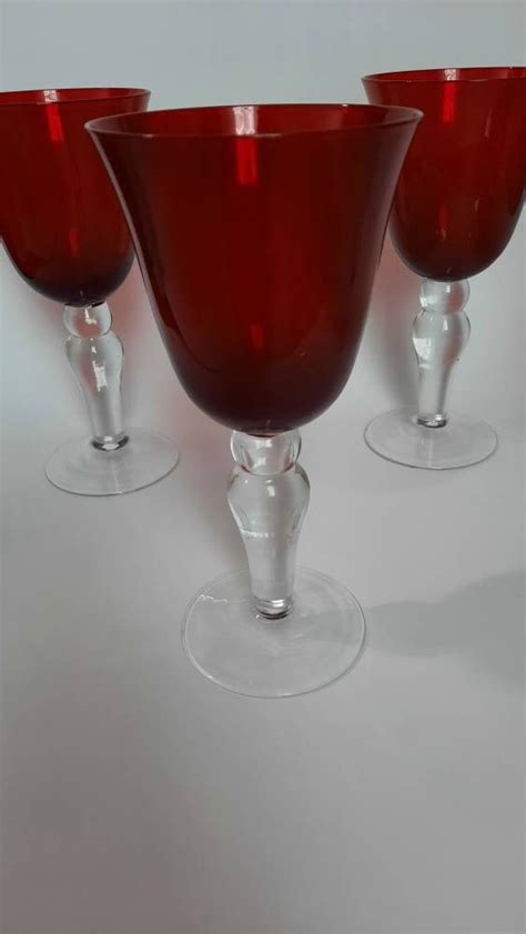 Vintage Red Ruby Wine Glasses Goblets Thick Stem Water Etsy