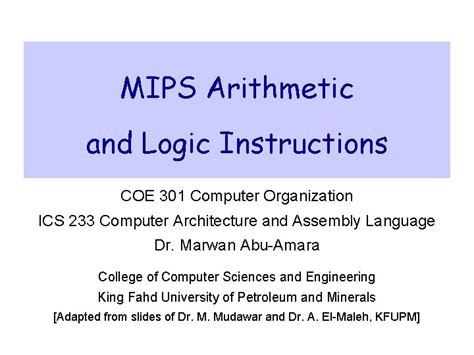 Mips Arithmetic And Logic Instructions Coe 301 Computer