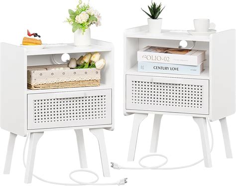 Lerliuo Rattan Nightstands Set Of 2 With Charging Station Side Table
