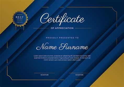 감사장 템플릿 금색과 파란색 금색 배지가 있는 깨끗한 현대 인증서 고급스럽고 현대적인 라인 패턴이 있는 인증서 테두리 템플릿 졸업장 벡터 템플릿 프리미엄 벡터