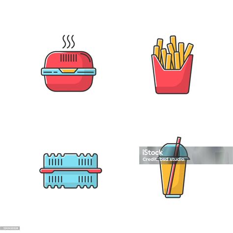 테이크 아웃 식품 패키지 Rgb 색상 아이콘 세트 햄버거 골판지 상자 빈 플라스틱 용기 빨대가있는 일회용 컵 감자 튀김 팩 격리된 벡터 일러스트레이션 감자 요리에 대한 스톡