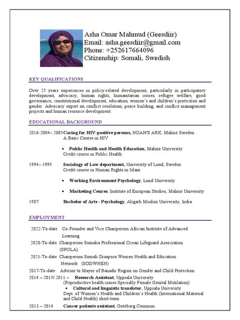 Asha Omar Mohamud Cv Pdf Somalia Leadership