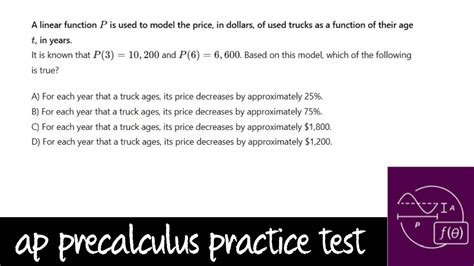 Ap Precalculus Practice Test Unit 1 Question 16 Writing A Linear Function Model Youtube