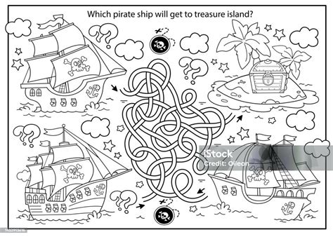 미로 또는 미로 게임 수수께끼 얽힌 도로 색칠 공부 페이지 개요 보물 섬이있는 만화 해적선 아이들을위한 색칠 공부 책 0명에 대한 스톡 벡터 아트 및 기타 이미지 Istock