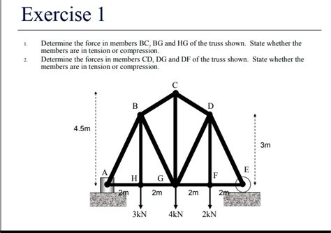 Exercise 1 1 Determine The Force In Members Bc Bg And Hg Of The Truss Shown State Whether The