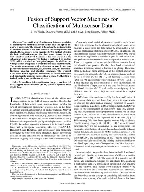 Pdf Fusion Of Support Vector Machines For Classification Of Multisensor Data