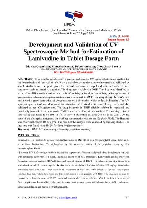 Pdf Development And Validation Of Uv Spectroscopic Method For Estimation Of Lamivudine In