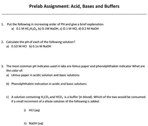 Prelab Assignment Acid Bases And Buffers Put The Following In Increasing Order Of Ph And Give