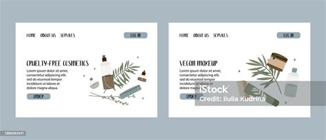 내츄럴 스킨 케어 유기농 잔인 하지 않은 화장품 비건 메이크업 얼굴과 바디 케어를위한 허브 뷰티 제품 벡터 플랫 만화 일러스트레이션 방문 페이지 배너 디자인 웹 사이트에
