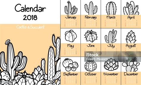 귀여운 선인장 및 Succulents 검은 윤곽선에 파스텔 레드 배경 달력 2018 간단한 디자인 도우미입니다 벡터 일러스트 레이 션 손으로 그려진된 스타일 0명에 대한