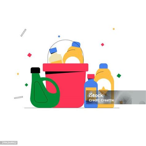 청소를 위한 세제 병과 양동이 가정 위생 및 가사를 상징하는 평면 벡터 일러스트 레이 션 흰색 배경에 고립 된 가사 집안일에 대한 스톡 벡터 아트 및 기타 이미지 Istock