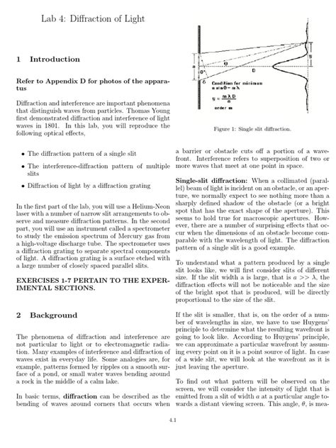 Lab 4 Diffraction Of Light Pdf Diffraction Interference Wave Propagation