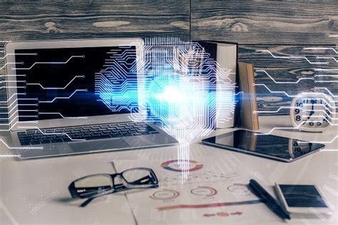 데스크톱 컴퓨터와 인간의 두뇌 그리기 홀로그램의 이중 노출 Ai 컨셉 개념에 대한 스톡 사진 및 기타 이미지 개념 개발