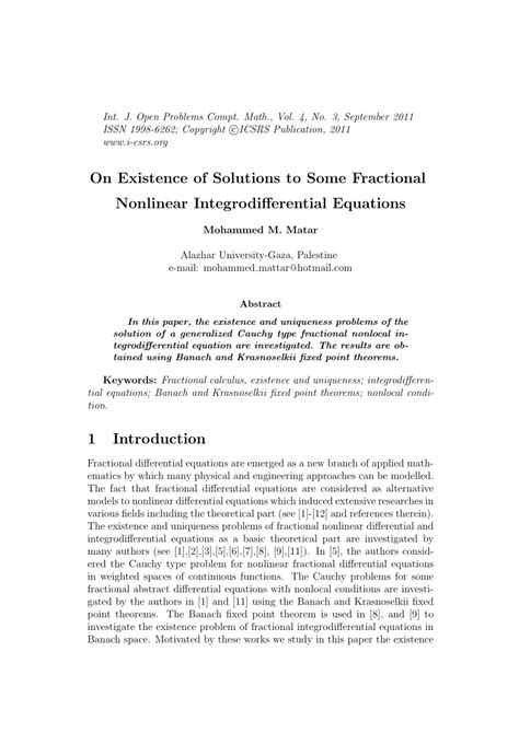Pdf On Existence Of Solutions To Some Fractional Nonlinear Integrodifferential Equations