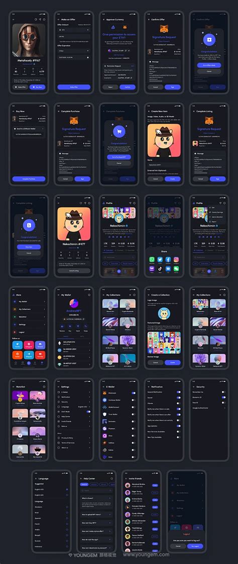 160屏国外nft区块链安全数字加密货币交易app界面设计ui套件明暗模板下载 颜格视觉 花瓣网