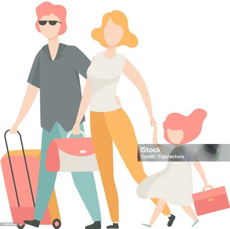 여행 가방 아버지 엄마와 딸 휴가 벡터 일러스트 레이 션과 함께 이동 하는 행복 한 가족 가방에 대한 스톡 벡터 아트 및 기타
