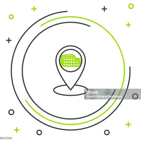 검은색과 초록색 선 로마의 콜로세움이 있는 지도 포인터 이탈리아 아이콘은 흰색 배경에 분리되어 있다 콜로세움 기호입니다 고대 로마의 상징 검투사 싸움 다채로운 개요