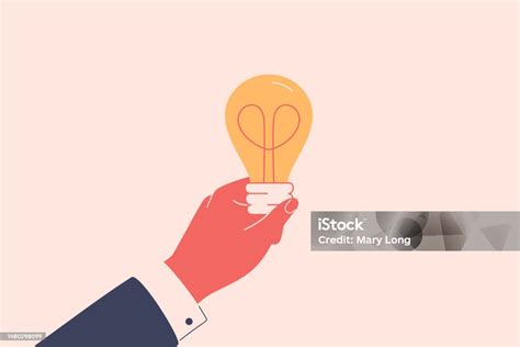 양복을 입은 남성 팔은 내부에 심장이 있는 전구를 들고 있습니다 전기 램프를 가진 인간의 손입니다 사업 아이디어와 창의적인 솔루션의 개념 인간 손에 대한 스톡 벡터 아트 및