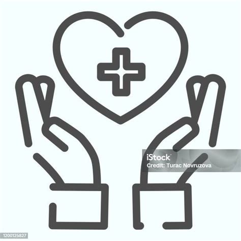의료 지원 라인 아이콘입니다 흰색에 고립 된 의료 크로스 벡터 그림과 마음을 들고 손 웹 및 응용 프로그램을 위해 설계된 돌보는 손 윤곽 스타일 디자인 Eps 10 10에