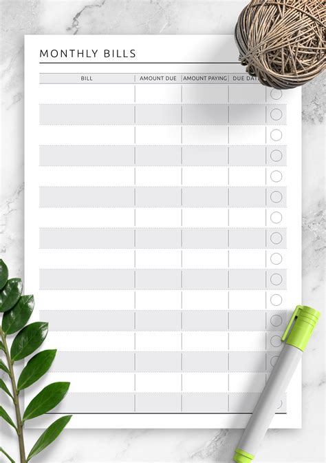 Free Monthly Bill Sheet Printable