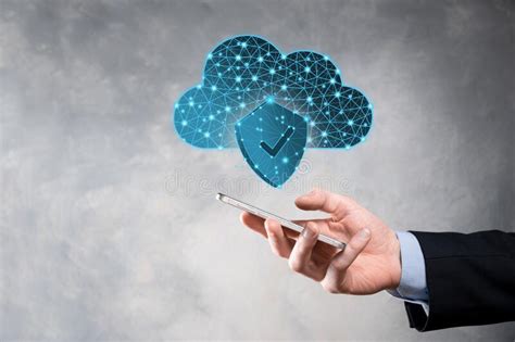 Cloud Technology Polygonal Wireframe Cloud Storage Sign With Shield With A Tick On Dark Blue