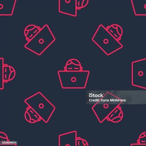 레드 라인 프리랜서 아이콘 은 검은 배경에 원활한 패턴을 격리 프리랜서 남자는 자신의 집에서 노트북에서 작업 온라인 작업 먼 직업 개념 벡터 가공의 인물에 대한 스톡 벡터