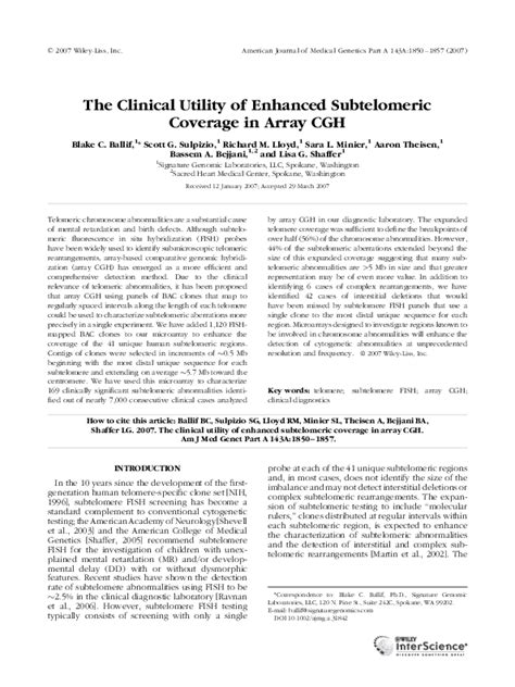 Pdf The Clinical Utility Of Enhanced Subtelomeric Coverage In Array