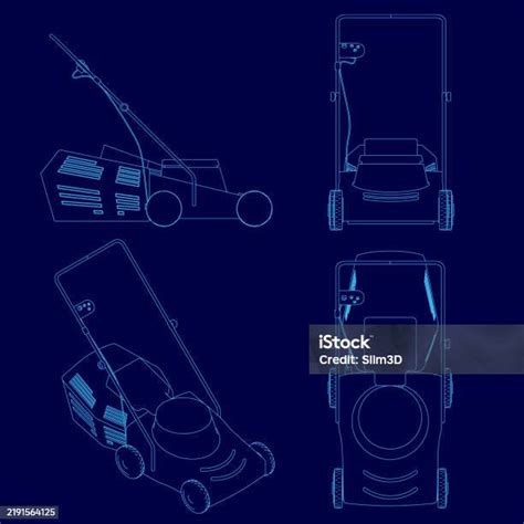 손잡이와 잔디 깎는 기계 날이 있는 잔디 깎는 기계를 닫습니다 잔디 깎는 기계는 다양한 각도와 위치로 표시됩니다 Draft