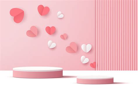 핑크 연단은 사랑의 플랫폼에서 발렌타인 데이를 위한 배경 제품을 표시합니다 공예 스타일로 화장품을 보여주기 위해 서십시오 행복에 대한 사랑의 상징 벡터 디자인 0명에 대한