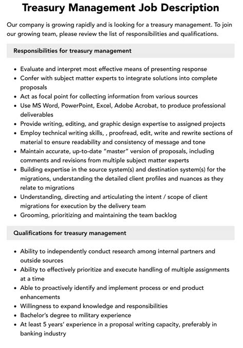 Treasury Management Job Description Velvet Jobs