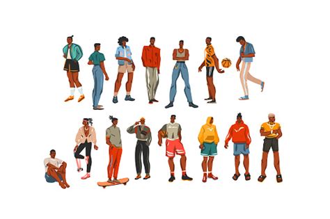 손으로 그린 벡터 추상 스톡 플랫 현대 일러스트 컬렉션 세트 번들 다른 젊은 성인 힙스터 아프리카 계 미국인 남성 패션 스타일 의상에 흰색 배경에 고립 개념에 대한 스톡