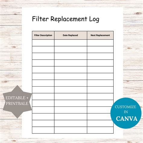 Editable Air Filter Replacement Log Printable Template