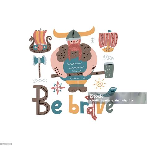 용감한 카드 큰 바이킹 선박 만화 스칸디나비아 스타일의 무기와 재미 인쇄 벡터 플란 손으로 그린 인쇄 그림입니다 개념에 대한