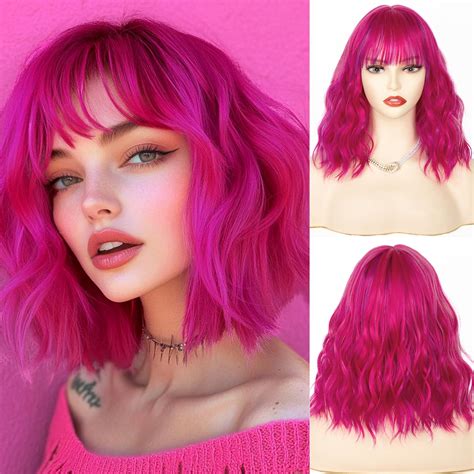 Nayoo Hot Pink Wig With Bangs 14 Inch Hot Pink Bob Wig
