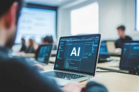 A Man Working On A Laptop With Ai Code On The Screen Premium Ai