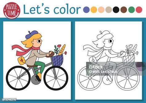 자전거를 타고 있는 바게트를 든 소녀가 있는 어린이를 위한 프랑스어 테마 색칠 공부 페이지입니다 벡터 프랑스어 윤곽 그림입니다 컬러 예제가 있는 아이들을 위한 컬러북 그리기