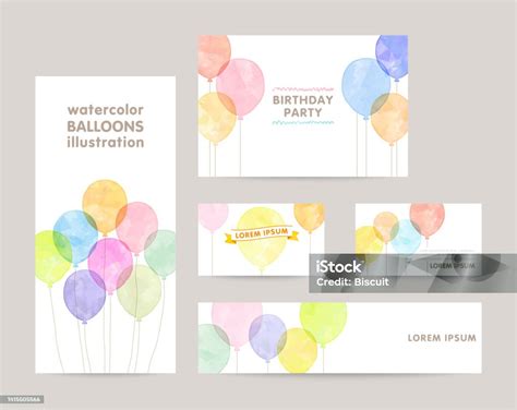 수채화 풍선 벡터 일러스트 레이 션 템플릿 전단지 커버 카드 명함 배너 생일 카드에 대한 스톡 벡터 아트 및 기타 이미지 생일 카드 수채화 풍선 Istock
