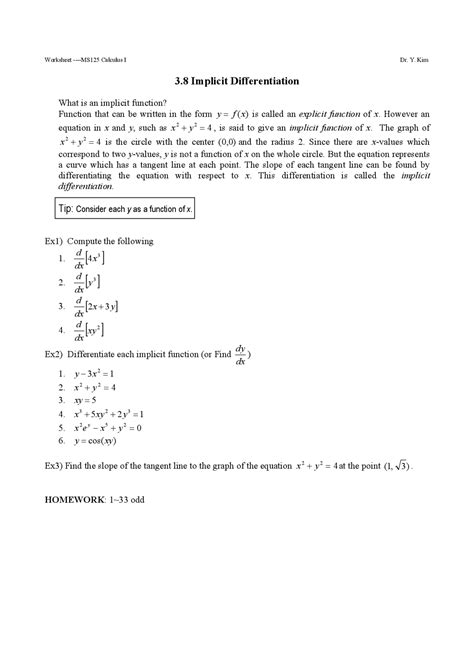 Questions On Implicit Differentiation Assignment 1 Ms 125 Docsity