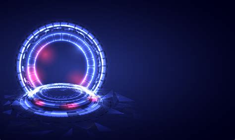 포털 및 홀로그램 과학 미래 빛나는 Hud 프로젝터의 공상 과학 디지털 하이테크 서클 텔레포트 연단과 기자를위한 무대 Gui 및 Ui 가상 현실 제품을 보여주는 배경