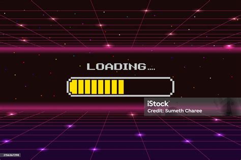 로딩 픽셀 아트 배경8 비트 게임 복고풍 게임 벡터 일러스트레이션의 게임 자산용 복고풍 미래파 공상 과학 배경 빛나는 네온 그리드입니다 그리고 빈티지 아케이드 콤프의 스타