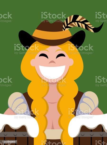 옥토버페스트 포스터 맥주 머그잔을 가진 소녀 깃털이 달린 모자를 쓴 소녀 벡터 일러스트레이션 녹색에 대한 스톡 벡터 아트 및 기타 이미지 Istock