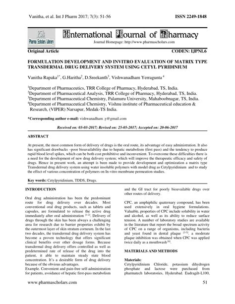 Pdf Formulation Development And Invitro Evaluation Of Matrix Type Transdermal Drug Delivery