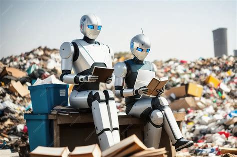Premium Photo An Android Robot Reads A Book Sitting On A Bench Against The Backdrop Of A