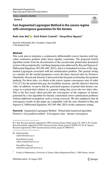 Pdf Fast Augmented Lagrangian Method In The Convex Regime With