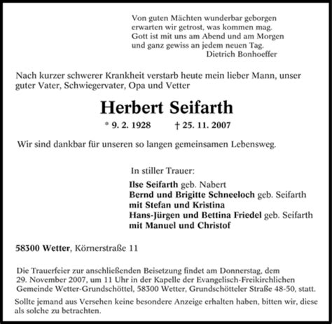Traueranzeigen Von Herbert Seifarth Trauer In Nrw De