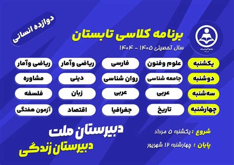 برنامه کلاس‌های تابستانی پایه دوازدهم رشته علوم تجربی دبیرستان ملت در