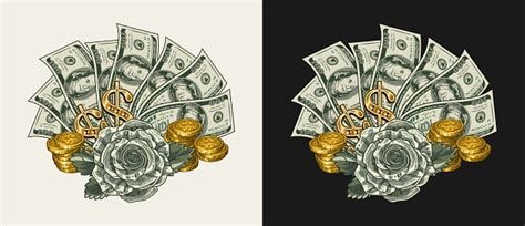 미국 100달러 지폐는 금화 더미 달러 기호 종이 달러 지폐로 만든 장미로 부채질합니다 현금 돈 성공과 행운의 투자의 개념 흑백 배경에 그림입니다 0명에 대한 스톡 벡터