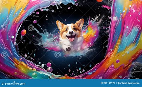 A Playful Corgi Frolicking Amidst A Splash Of Rainbow Colored Water Capturing Joyful And Lively